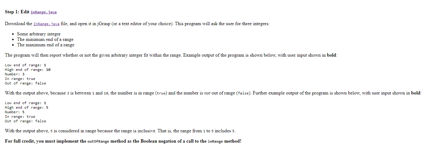 Solved Step 1: Edit InRange.java Download the InRange.java | Chegg.com