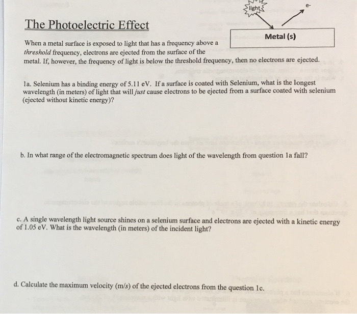 Solved e- ligh The Photoelectric Effect Metal (s) When a | Chegg.com
