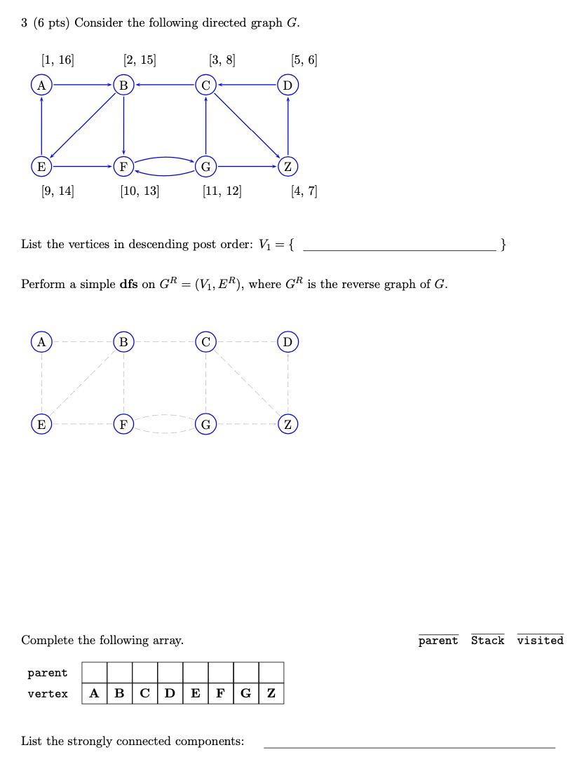 Solved 3 (6 pts) Consider the following directed graph G. | Chegg.com