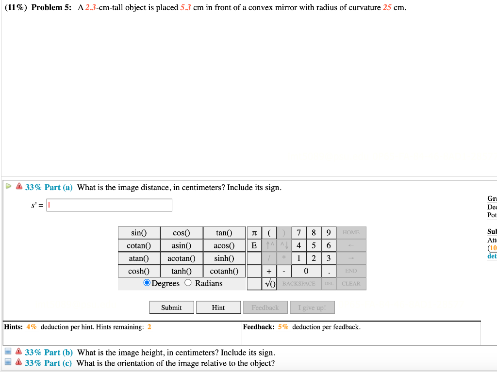 Solved (11%) Problem 5: A 2.3-cm-tall object is placed 5.3 | Chegg.com