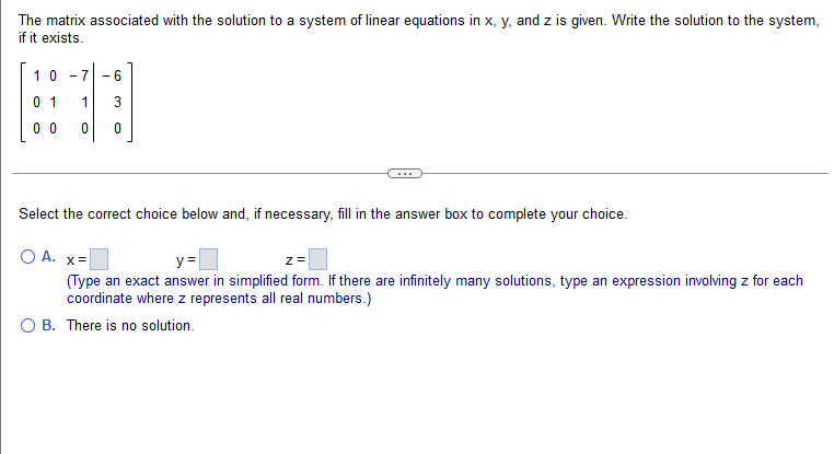 Solved The matrix associated with the solution to a system | Chegg.com