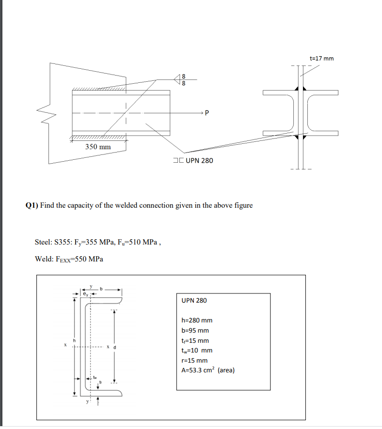 Solved t=17 mm 0000 4 I 350 mm UPN 280 Q1) Find the capacity | Chegg.com