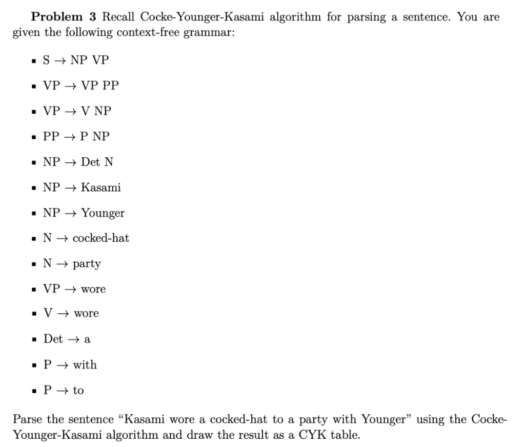 Solved Problem 3 Recall Cocke-Younger-Kasami algorithm for | Chegg.com