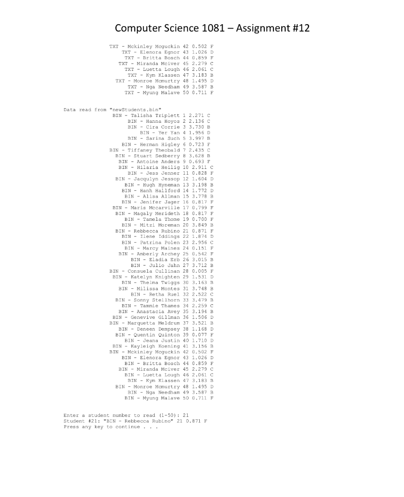 Solved Computer Science 1081 - Assignment #12 Program #1 | Chegg.com