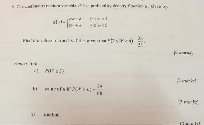 Solved 9. The continuous random variable W has probability | Chegg.com