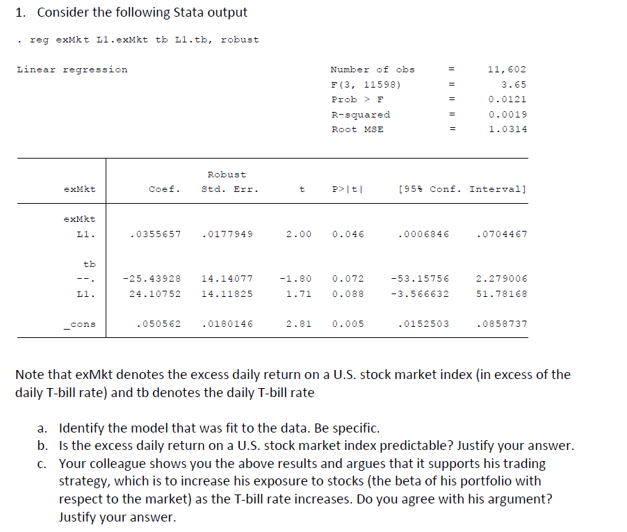 1. Consider the following stata output reg exMkt | Chegg.com