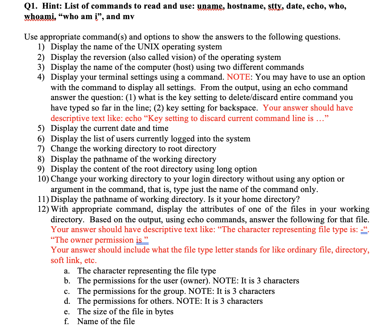 Q1. Hint: List of commands to read and use: uname, | Chegg.com