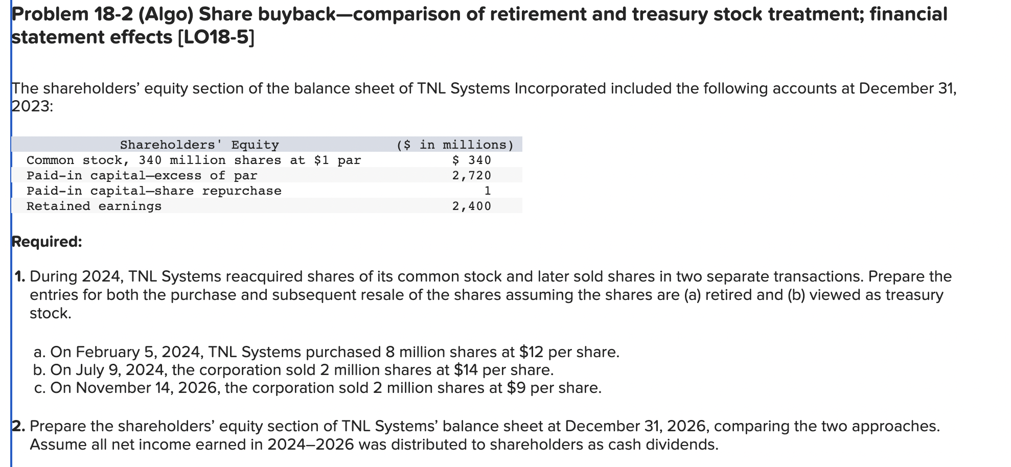Solved Problem 18-2 (Algo) Share buyback-comparison of | Chegg.com