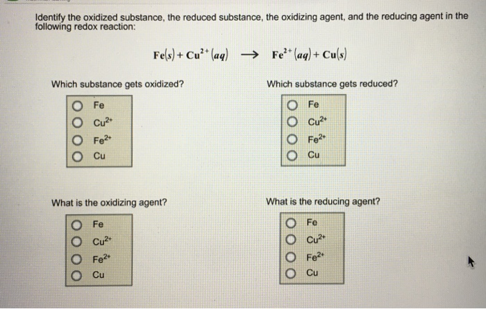 Solved Identify the oxidized substance, the reduced | Chegg.com