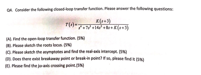 Solved Q4. Consider the following closed-loop transfer | Chegg.com