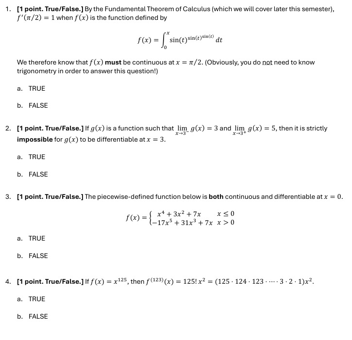 Solved [1 ﻿point. True/False.] ﻿By the Fundamental Theorem | Chegg.com