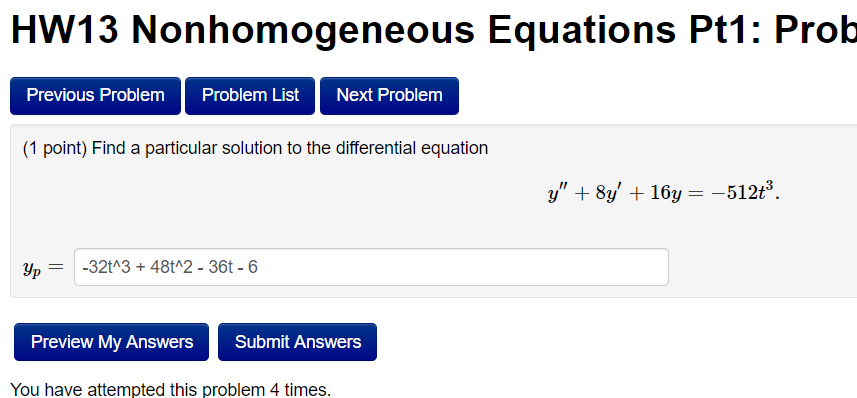 Solved HW13 Nonhomogeneous Equations Pt1: Prob Previous | Chegg.com