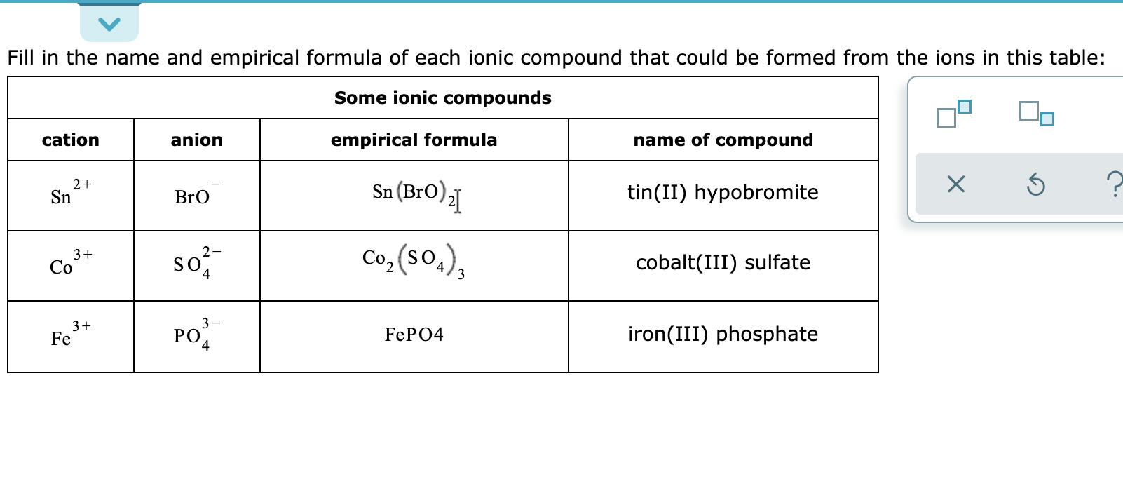 Solved Fill in the name and empirical formula of each ionic | Chegg.com