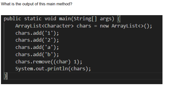Solved What is the output of this main method? public static | Chegg.com