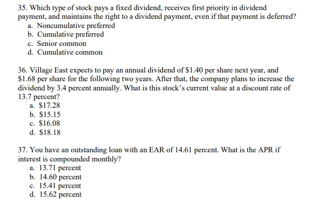 Solved 35. Which type of stock pays a fixed dividend, | Chegg.com