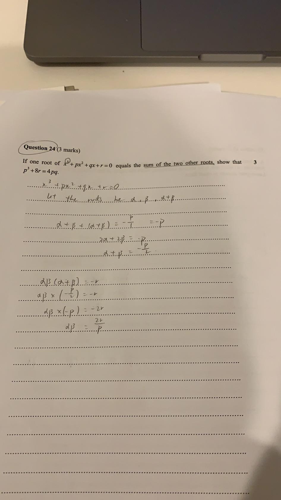 Solved If one root of x3+px2+qx+r=0 equals the sum of the | Chegg.com