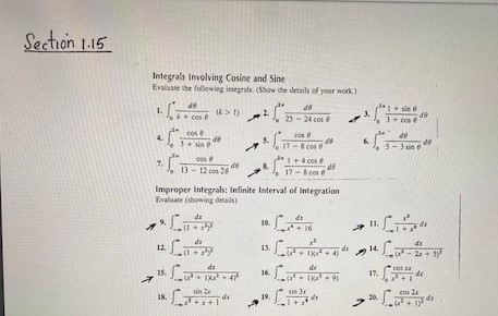 Solved Section 1.15 2 - Integrals involving Cosine and Sine | Chegg.com