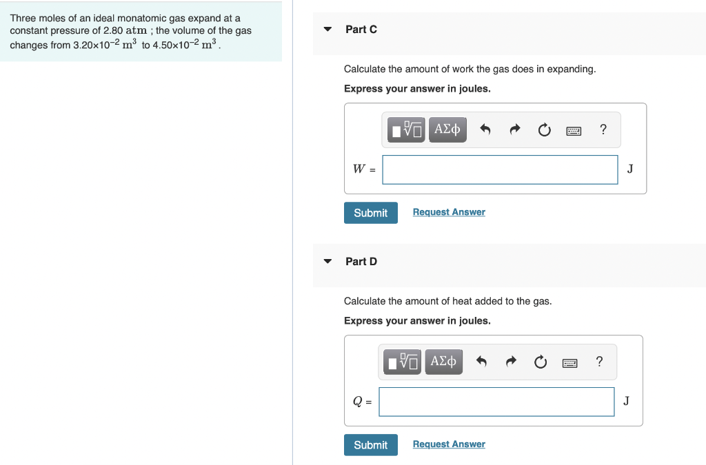 Solved Three moles of an ideal monatomic gas expand at a | Chegg.com