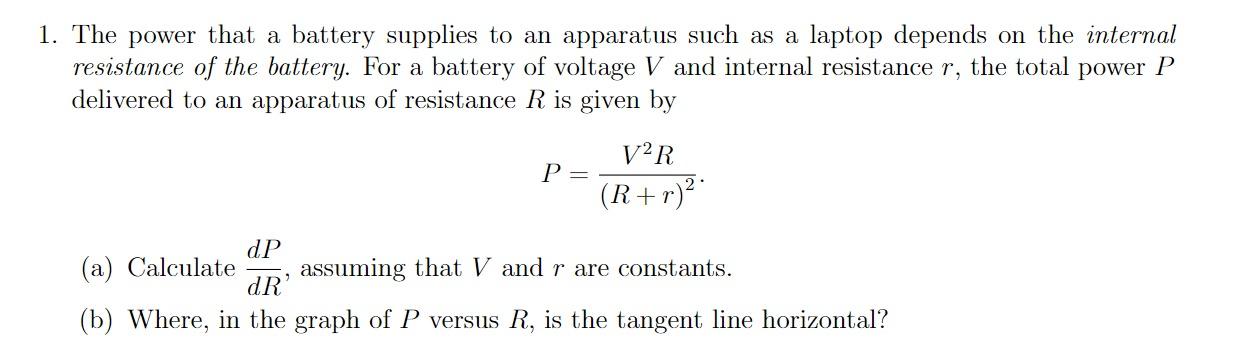 Solved The power that a battery supplies to an apparatus | Chegg.com