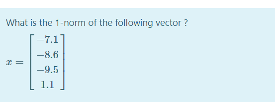 Solved What is the 1-norm of the following vector ? -7.11 2 | Chegg.com
