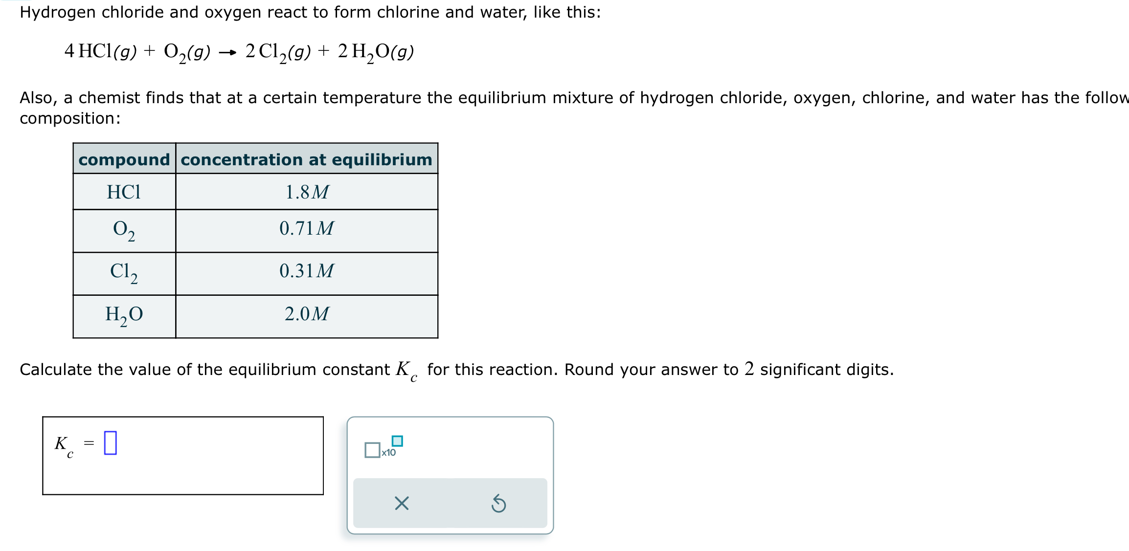 Solved Hydrogen chloride and oxygen react to form chlorine | Chegg.com