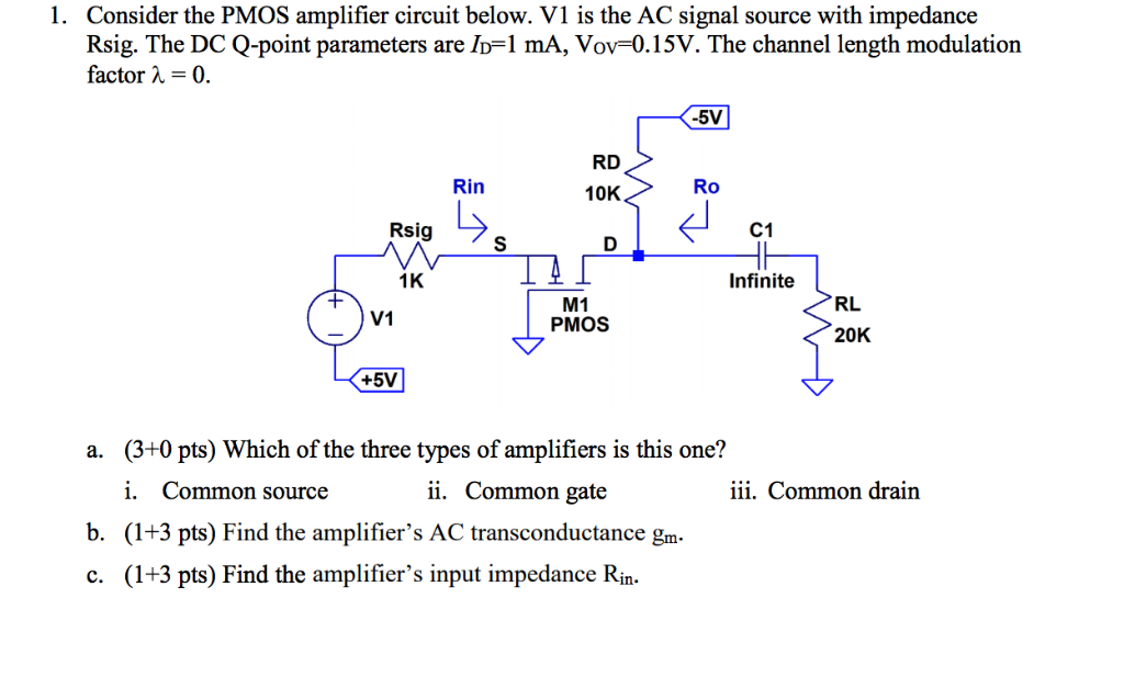 Solved 1. Consider the PMOS amplifier circuit below. V1 is | Chegg.com