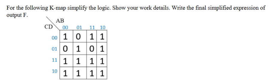 Solved For the following K-map simplify the logic. Show your | Chegg.com