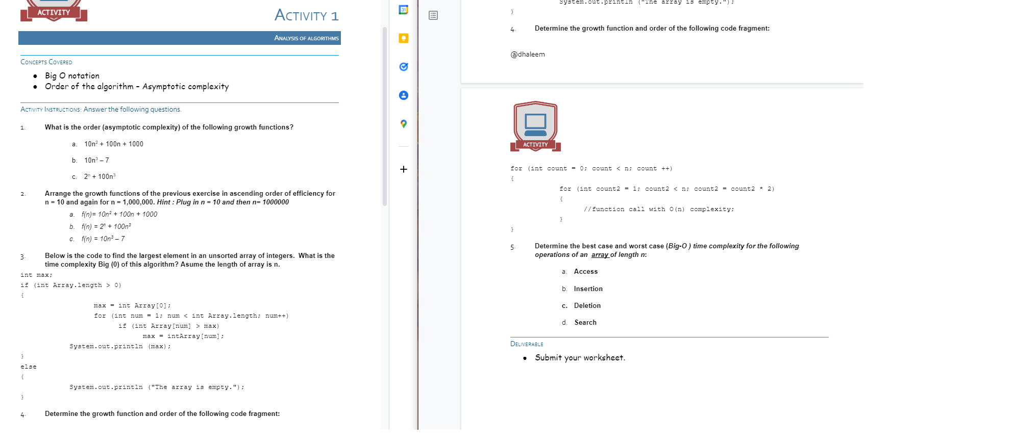 Solved ACTIVITY ACTIVITY 1 CONCEPTS Covered - Big O notation | Chegg.com