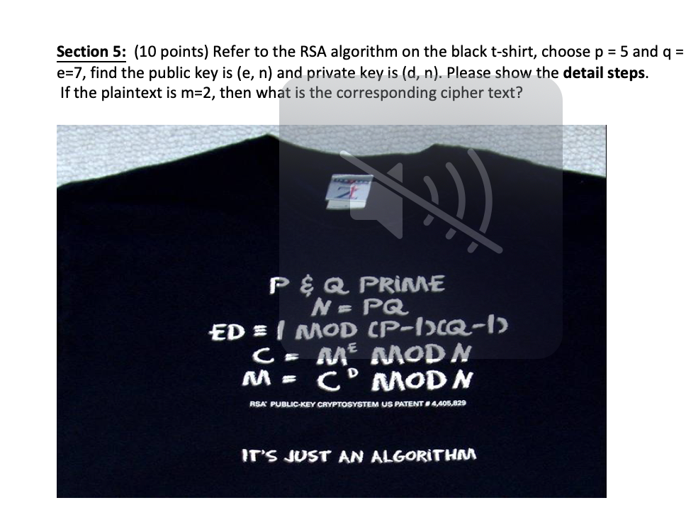 Solved Section 5: (10 points) Refer to the RSA algorithm on | Chegg.com
