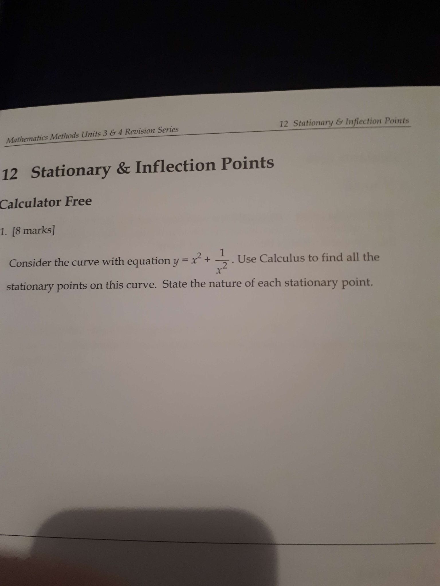 Solved 12 Stationary & Inflection Points Mathematics Methods | Chegg.com