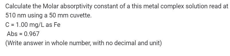 Solved Calculate the Molar absorptivity constant of a this | Chegg.com
