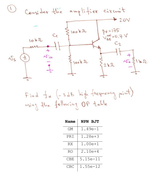 Solved Consider the amplitier circuit Find fn(−3dB high | Chegg.com