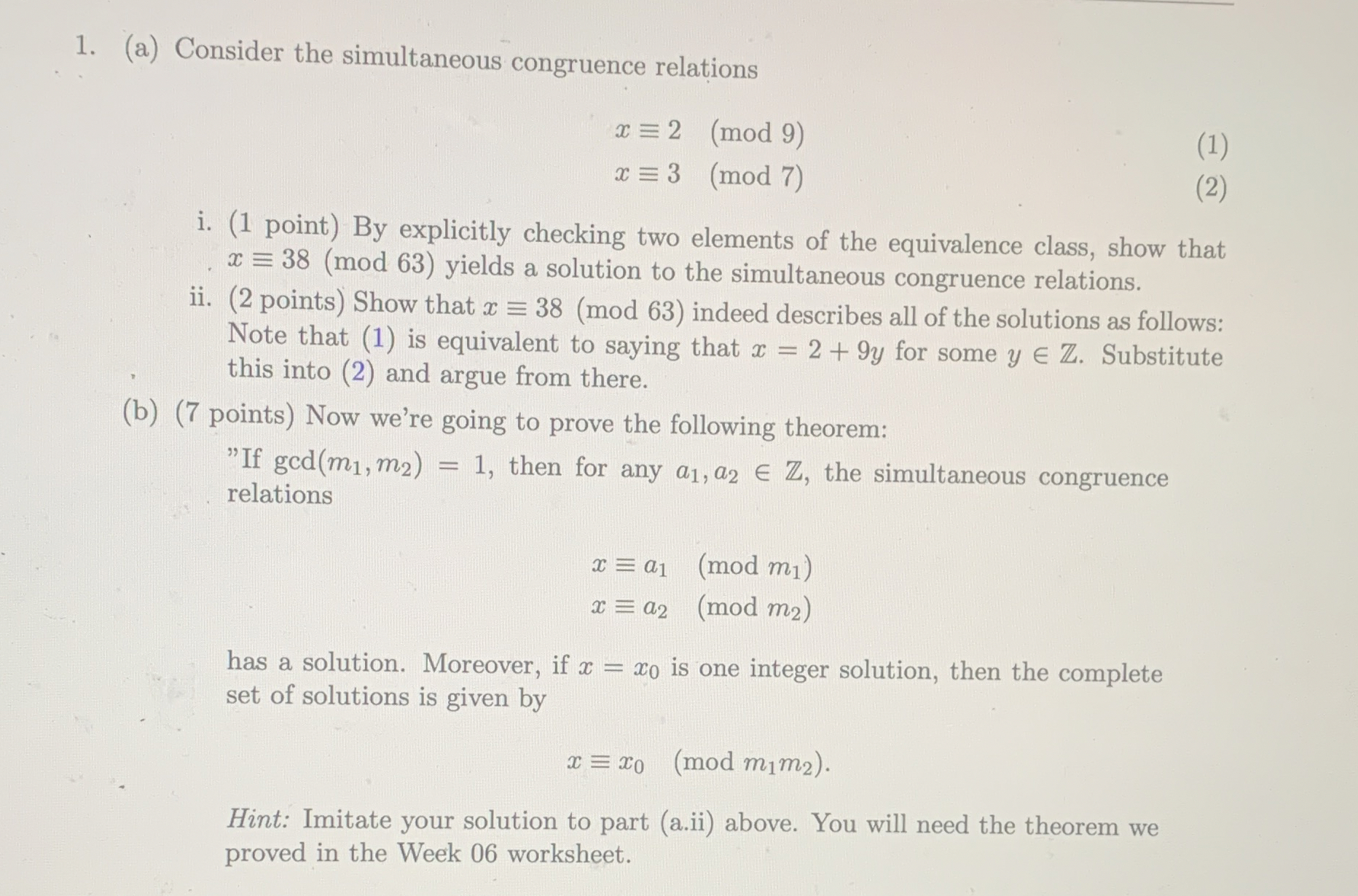 Solved (a) ﻿Consider the simultaneous congruence | Chegg.com