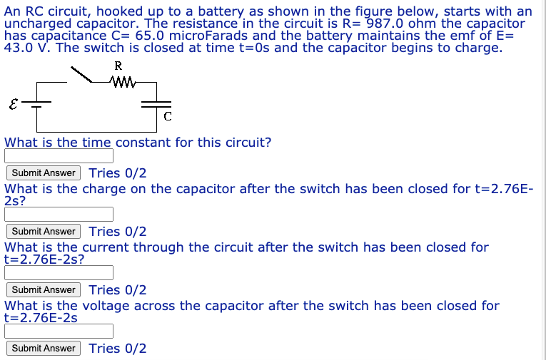 Solved An RC circuit, hooked up to a battery as shown in the | Chegg.com
