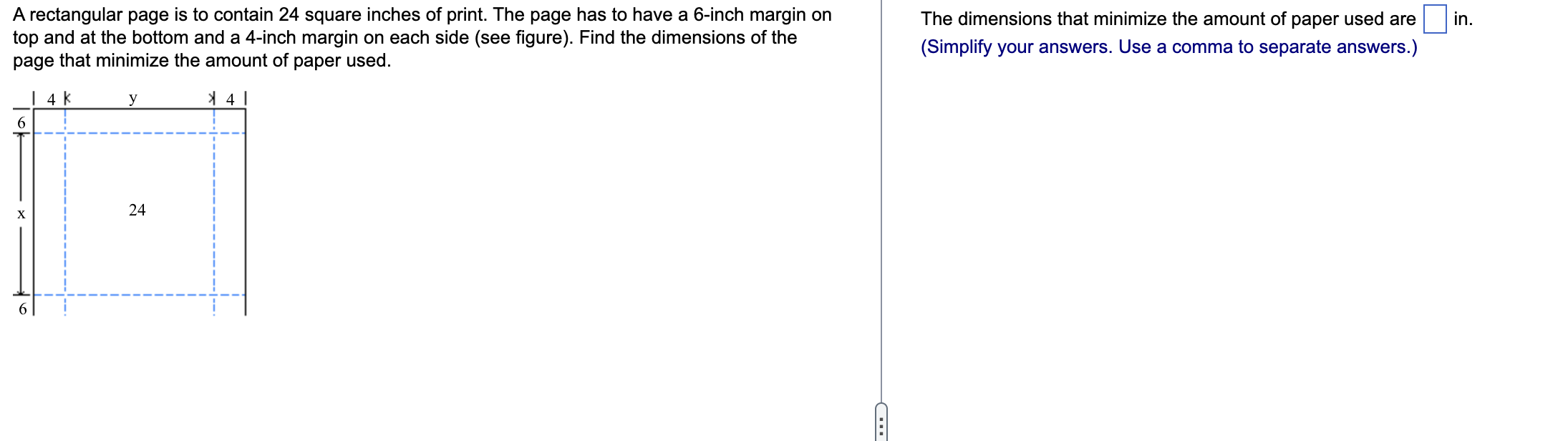 Solved A rectangular page is to contain 24 square inches of | Chegg.com