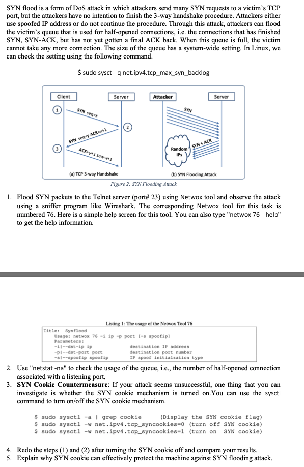 SYN flood is a form of DoS attack in which attackers | Chegg.com