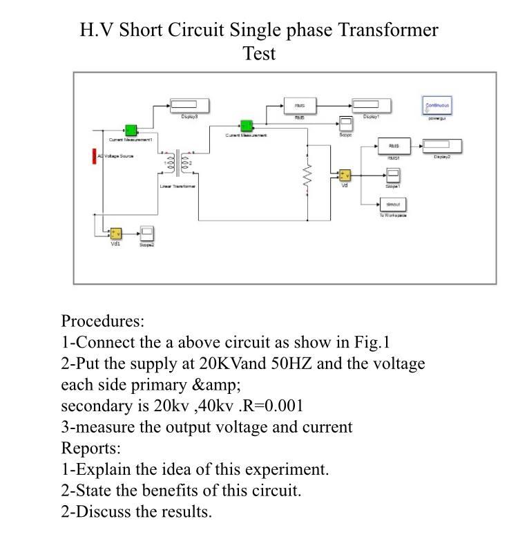 Solved H.V Short Circuit Single phase Transformer Test TES | Chegg.com