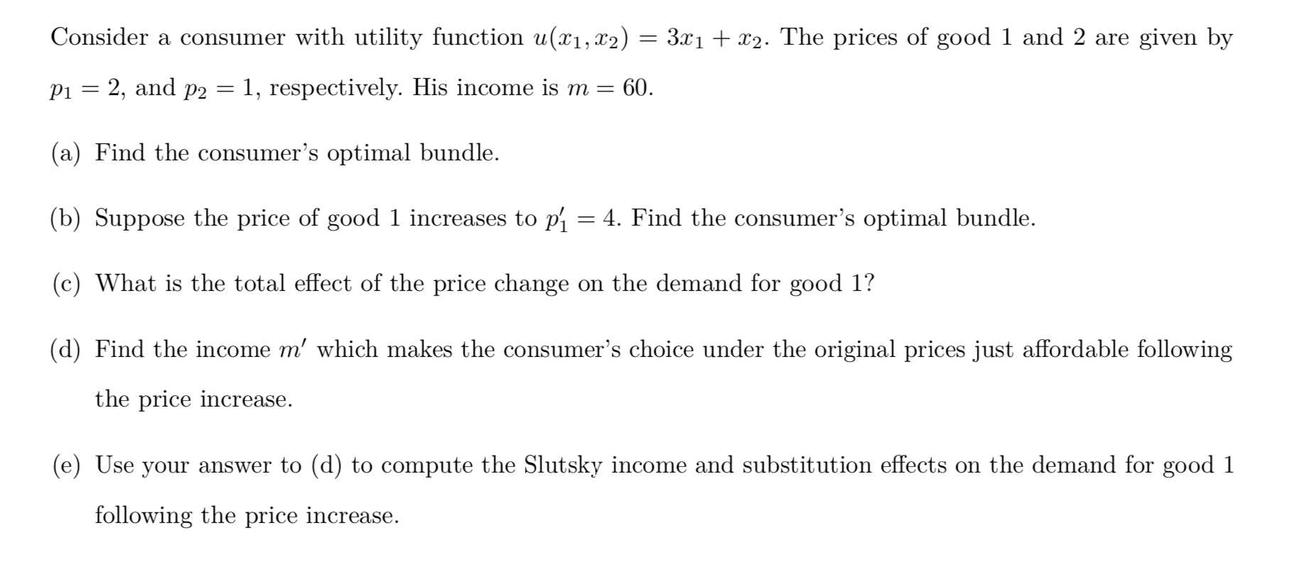 Solved Consider a consumer with utility function u(x1, x2) = | Chegg.com