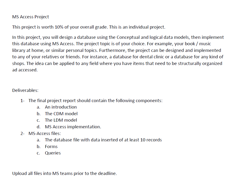 Solved MS Access Project This project is worth 10% of your | Chegg.com