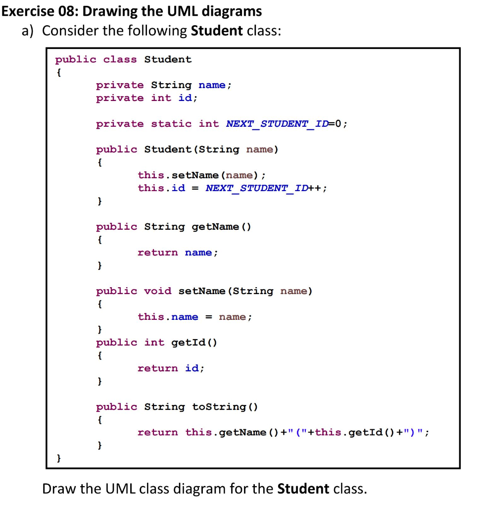 Solved Exercise 08: Drawing the UML diagrams a) Consider the | Chegg.com