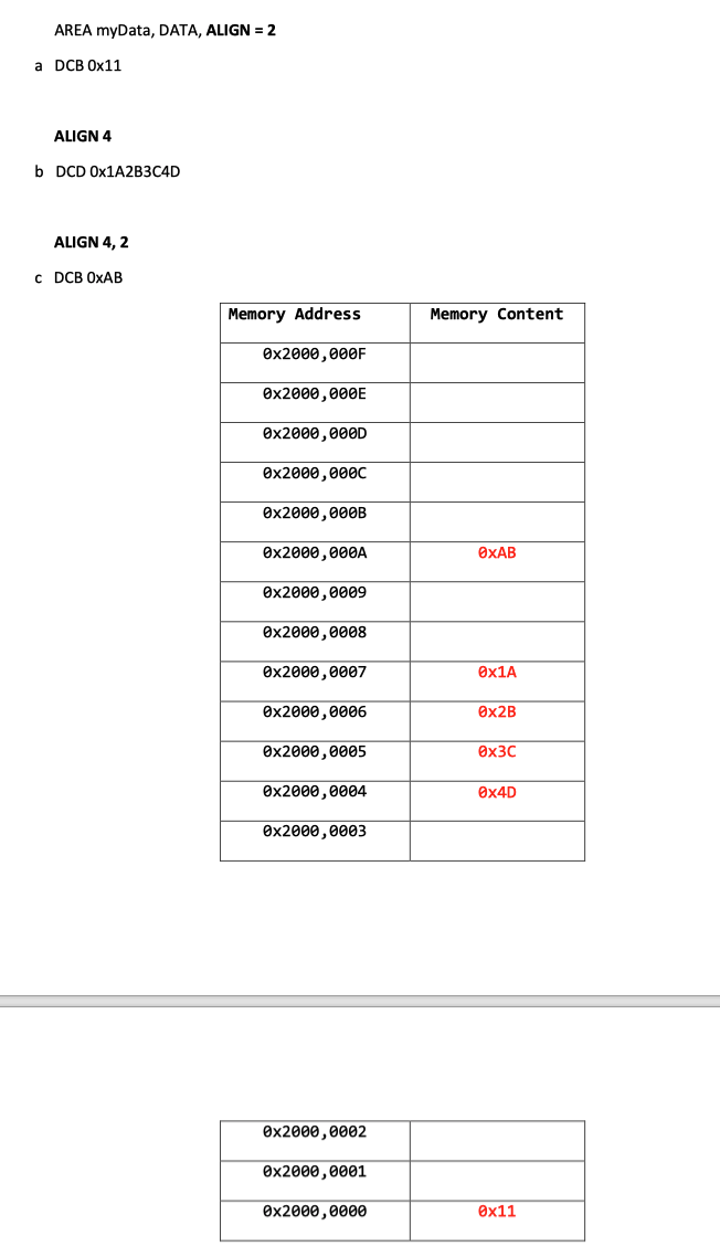 AREA myData, DATA, ALIGN = 2 a DCB 0x11 ALIGN 4 b DCD | Chegg.com