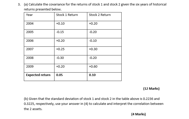 Solved 3 A Calculate The Covariance For The Returns Of