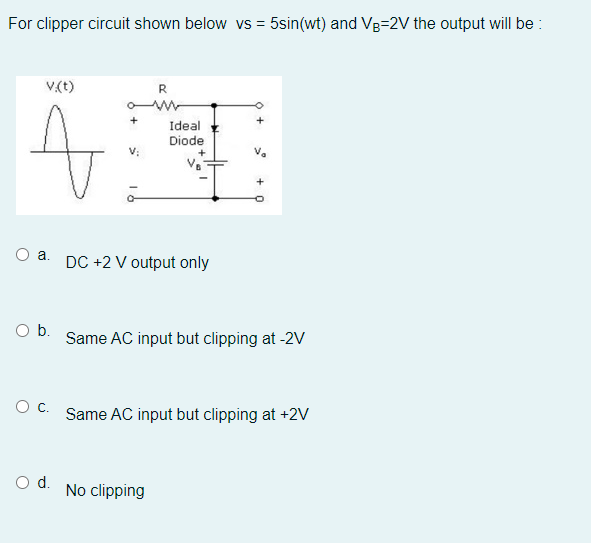Solved For clipper circuit shown below vs = 5sin(wt) and | Chegg.com