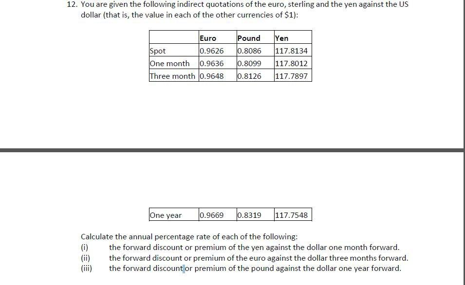 Solved 12. You are given the following indirect quotations | Chegg.com