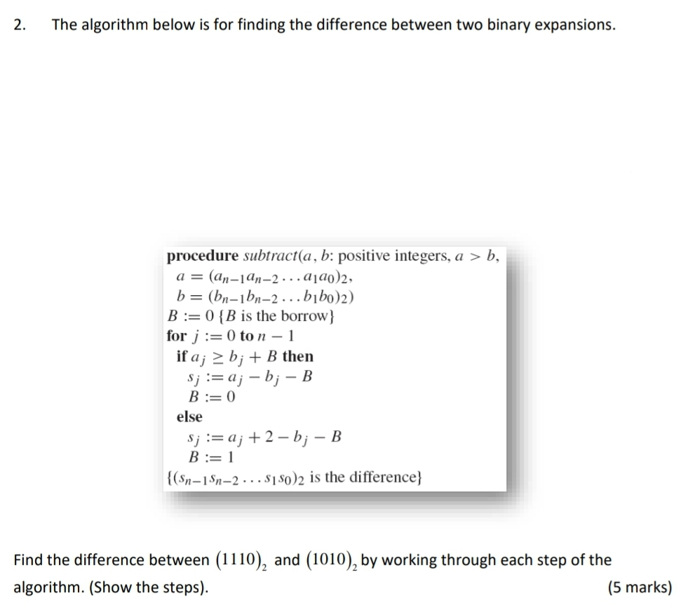 Solved 2. The algorithm below is for finding the difference | Chegg.com