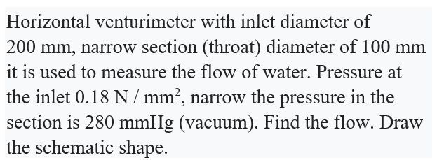 Solved Horizontal venturimeter with inlet diameter of 200 | Chegg.com