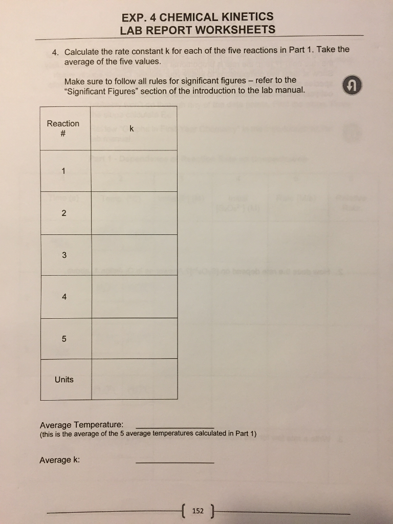 Solved EXP. 4 CHEMICAL KINETICS STUDENT COPY DATA SHEET | Chegg.com
