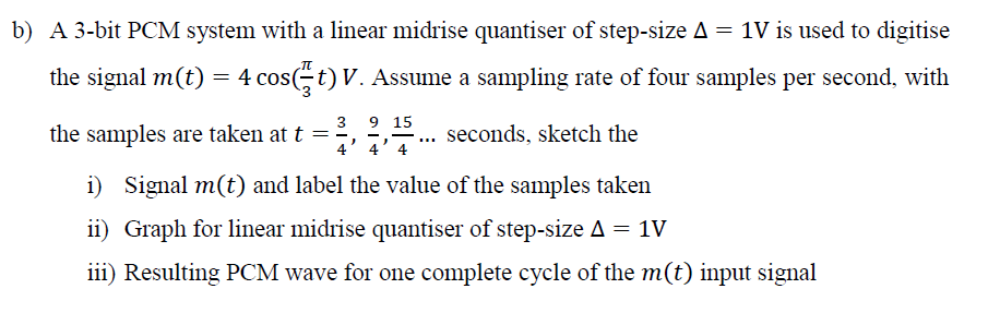 Solved b) A 3-bit PCM system with a linear midrise quantiser | Chegg.com