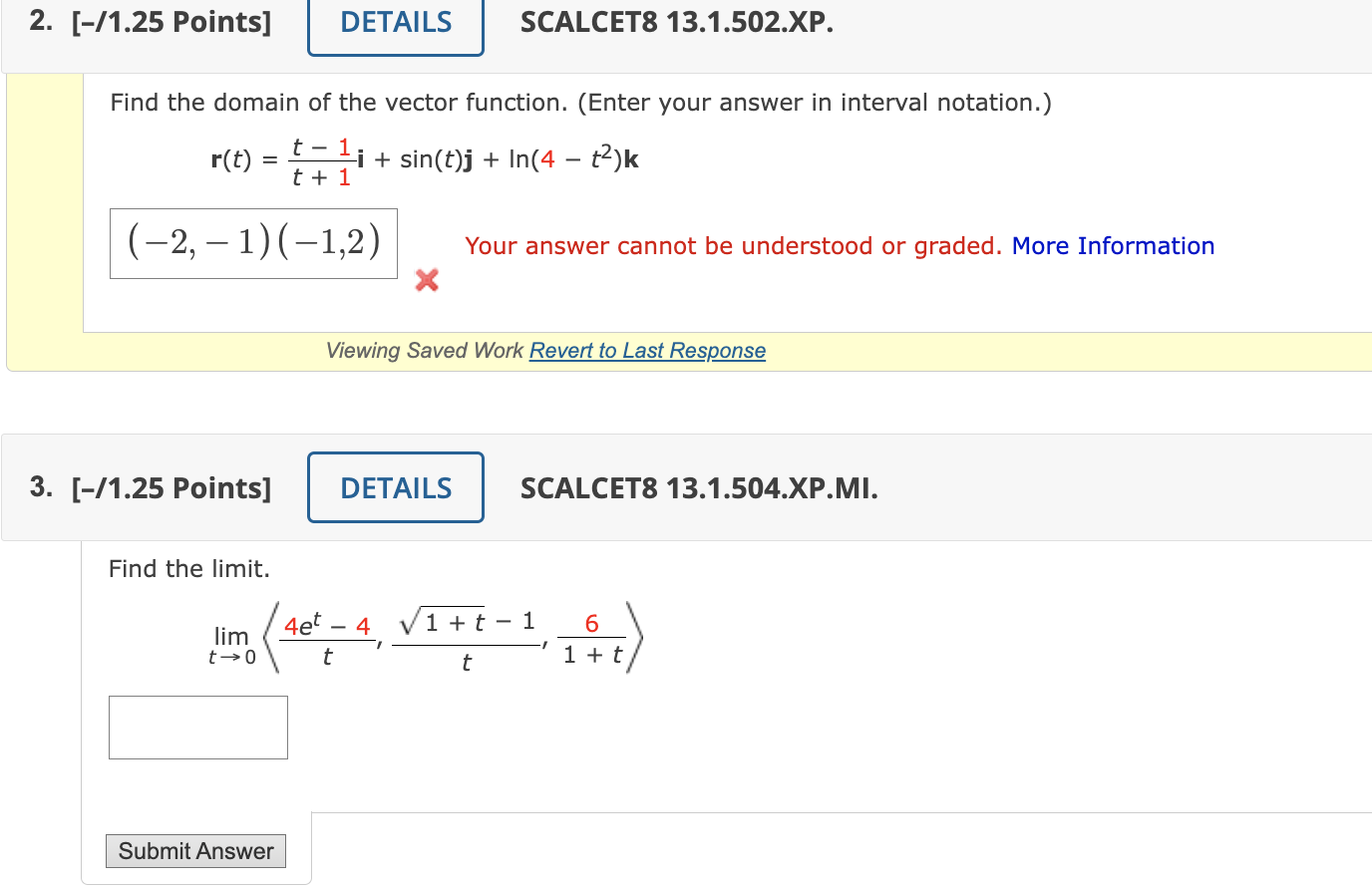 Solved 2. [-/1.25 Points] DETAILS SCALCET8 13.1.502.XP. Find | Chegg.com