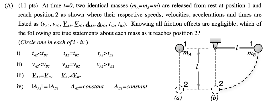 Solved (A) (11 pts) At time t=0, two identical masses | Chegg.com